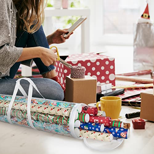 Elf Stor Gift Wrapping Paper Roll Storage Bags 31" long, 2 pk Clear Totes with Handles, fits up to 25 pcs gift wrap paper roll in each bag