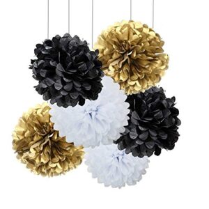 mowo 18pcs black and white gold craft tissue paper pom poms kit hanging decorations ceiling hangs wall decor tissue paper flowers balls wedding party favors baby shower decorations