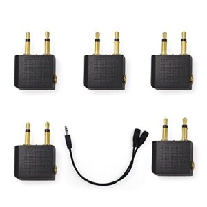 afunta airplane flight adapters for headphone, 5 packs airline converters for earphone, with 1 to 2 splitters - black