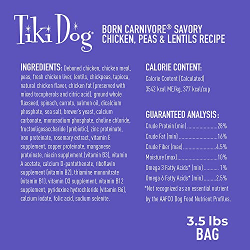 Tiki Dog Born Carnivore for Dogs, Savory Chicken, Peas & Lentils Recipe, Grain Free Baked Kibble for Maximum Nutrition, For Adult Dogs and All Size Breed Dogs, 3.5 lbs Bag