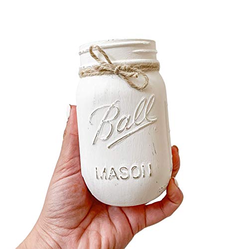 White - Hand Painted and Distressed Mason Jar, Pint 16 oz. Regular Mouth Rustic Farmhouse Style Mason Jar, White Mason Jars, White Vase Mason Jars, White Mason Jars for Centerpieces, Painted Mason Jar