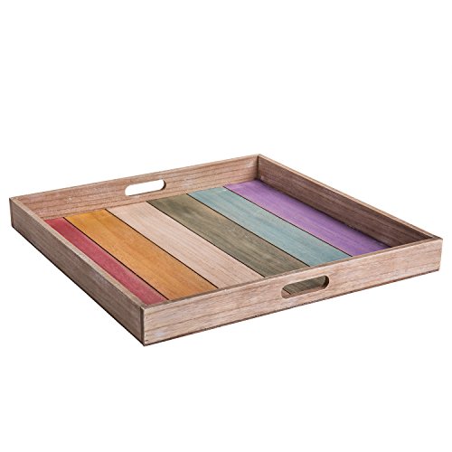 MyGift Rustic Rainbow Wood Large Serving Tray with Handles, 19 x 19 inch Decorative Tray for Breakfast in Bed, Tea, Coffee