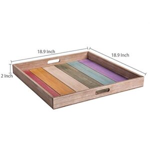 MyGift Rustic Rainbow Wood Large Serving Tray with Handles, 19 x 19 inch Decorative Tray for Breakfast in Bed, Tea, Coffee