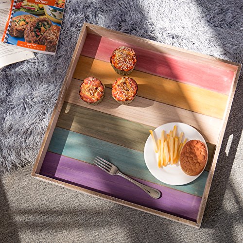 MyGift Rustic Rainbow Wood Large Serving Tray with Handles, 19 x 19 inch Decorative Tray for Breakfast in Bed, Tea, Coffee