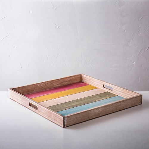 MyGift Rustic Rainbow Wood Large Serving Tray with Handles, 19 x 19 inch Decorative Tray for Breakfast in Bed, Tea, Coffee