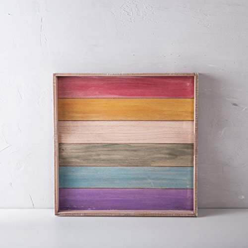 MyGift Rustic Rainbow Wood Large Serving Tray with Handles, 19 x 19 inch Decorative Tray for Breakfast in Bed, Tea, Coffee