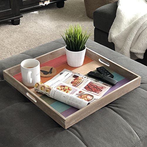 MyGift Rustic Rainbow Wood Large Serving Tray with Handles, 19 x 19 inch Decorative Tray for Breakfast in Bed, Tea, Coffee