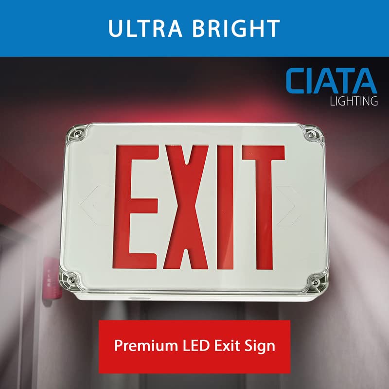 Ciata Red Light up Hardwired and Battery Operated Exit Signs with Light for Wet Location, Exterior, Weatherproof, Led Illuminated, Corded Exit Sign Battery Powered Emergency Light with Battery Backup