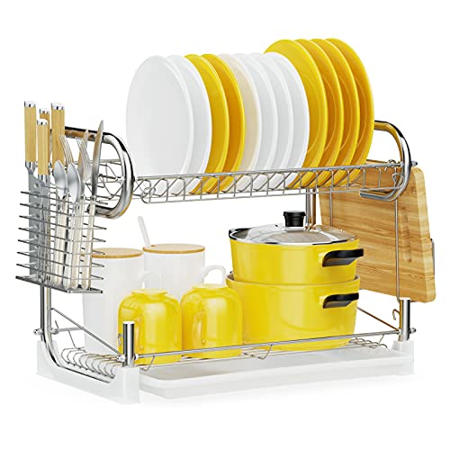 iSPECLE 2 Tier Dish Drying Rack, Dish Rack with Drainboard Set Dish Drain Utensil Holder, Cutting Board Holder for Small Kitchen Countertop