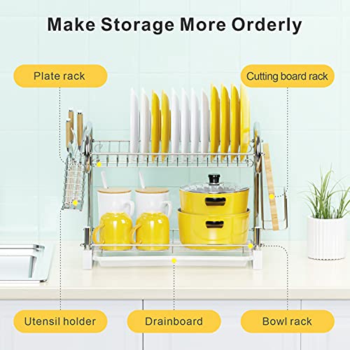 iSPECLE 2 Tier Dish Drying Rack, Dish Rack with Drainboard Set Dish Drain Utensil Holder, Cutting Board Holder for Small Kitchen Countertop