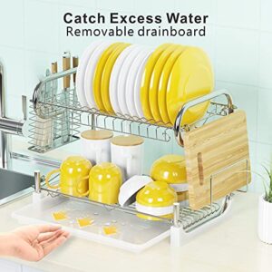 iSPECLE 2 Tier Dish Drying Rack, Dish Rack with Drainboard Set Dish Drain Utensil Holder, Cutting Board Holder for Small Kitchen Countertop