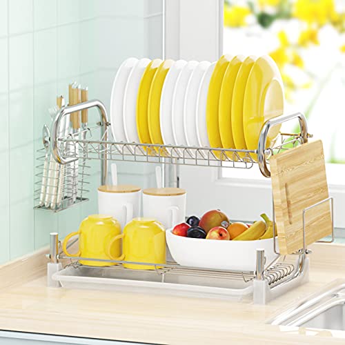 iSPECLE 2 Tier Dish Drying Rack, Dish Rack with Drainboard Set Dish Drain Utensil Holder, Cutting Board Holder for Small Kitchen Countertop