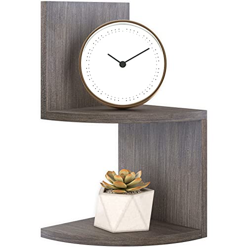 Ballucci 2 Tier Corner Shelf Wall Mount, 7.75" x 7.75" per Tier, Small Wood Floating Corner Shelves for Bathroom, Bedroom, Living Room - Brushed Gray