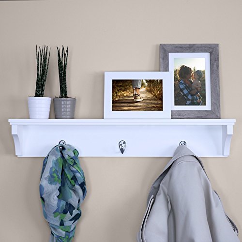 Ballucci Coat Rack with Shelf, 24" Wall Shelf with Hooks, Wood Entryway Organizer Hat and Key Rack with 3 Metal Hooks, White