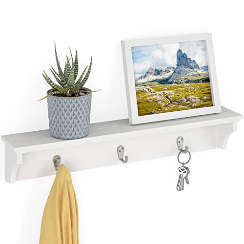 Ballucci Coat Rack with Shelf, 24" Wall Shelf with Hooks, Wood Entryway Organizer Hat and Key Rack with 3 Metal Hooks, White