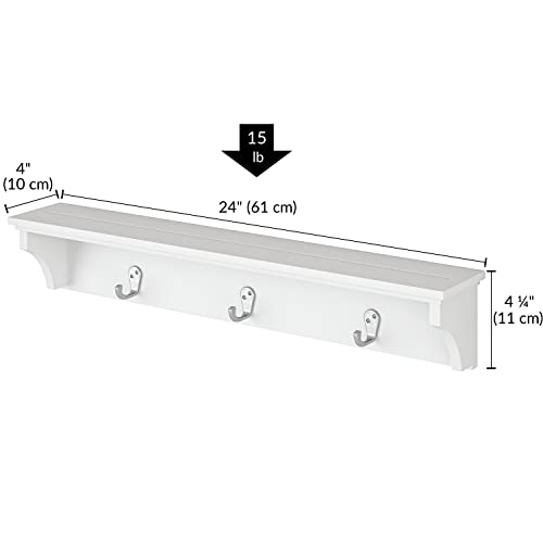 Ballucci Coat Rack with Shelf, 24" Wall Shelf with Hooks, Wood Entryway Organizer Hat and Key Rack with 3 Metal Hooks, White