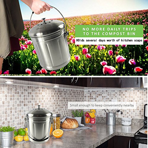 Abakoo Compost Bin 1.8 Gallon Stainless Steel - Abakoo 304 Stainless Steel Kitchen Composter - 2 Charcoal Filter, Indoor Countertop Kitchen Recycling Bin Pail