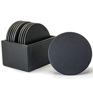 dacasso black leather 10 round coaster set with holder