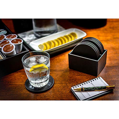 Dacasso Black Leather 10 Round Coaster Set with Holder