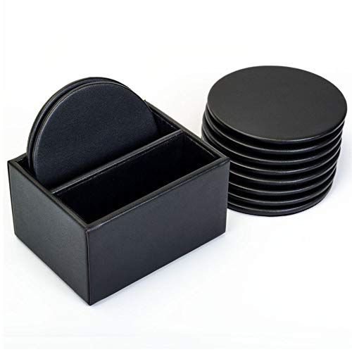 Dacasso Black Leather 10 Round Coaster Set with Holder