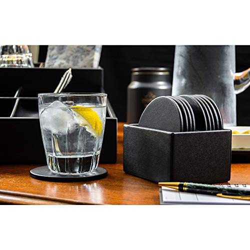 Dacasso Black Leather 10 Round Coaster Set with Holder