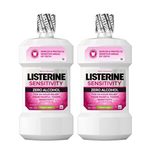 listerine sensitivity mouthwash, zero alcohol, less intense formula, for sensitive teeth, bad breath treatment, alcohol free mouth wash for adults; fresh mint flavor, 500 ml (pack of 2)