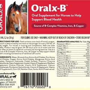 Oralx-B High-Potency B-Vitamin Complex and Chelated Mineral Booster. Nutritional Supplement for Hard-Working Horses. Oral Paste in Easy-Dose Syringe. Guaranteed Analysis. Made in USA.