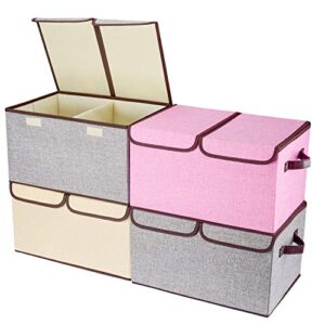 senbowe larger storage cubes [4-pack] linen fabric foldable collapsible storage cube bin organizer basket with lid, handles, removable divider for home, nursery, closet - (16.5 x 11.8 x 9.8”)