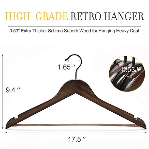 TOPIA HANGER Heavy Duty Wood Coat Hangers in Smooth Retro Finish, Boutique Quality Wooden Suit Hangers-Thicker Non-Slip Rubber Pants Bar and Extra Smoothly Cut Notches-360° Black Hook-18 Pack CT04A