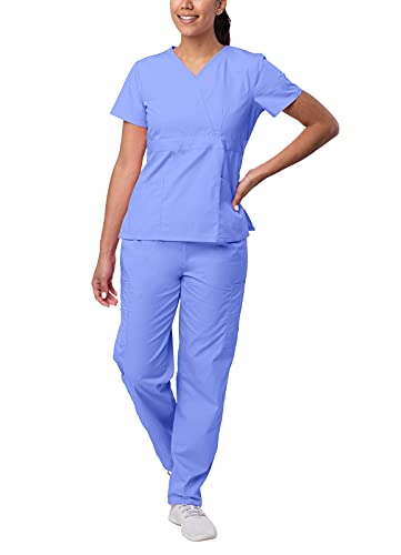 Sivvan Scrubs for Women - Mock Wrap & Cargo Pants Scrub Set - S8401 - Ceil Blue - XL