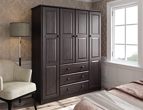 Palace Imports 100% Solid Wood Family Wardrobe/Armoire/Closet, Java. 3 Clothing Rods Included. NO Shelves Included. Optional Shelves Sold Separately. 60.25" w x 72" h x 20.75" d