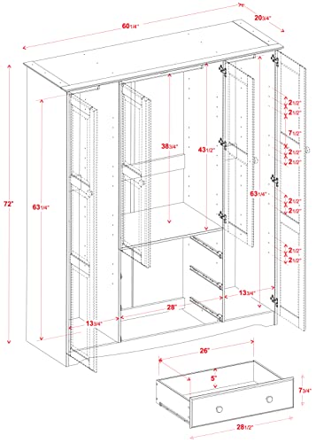 Palace Imports 100% Solid Wood Family Wardrobe/Armoire/Closet, Java. 3 Clothing Rods Included. NO Shelves Included. Optional Shelves Sold Separately. 60.25" w x 72" h x 20.75" d