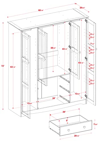 Palace Imports 100% Solid Wood Family Wardrobe/Armoire/Closet, Java. 3 Clothing Rods Included. NO Shelves Included. Optional Shelves Sold Separately. 60.25" w x 72" h x 20.75" d