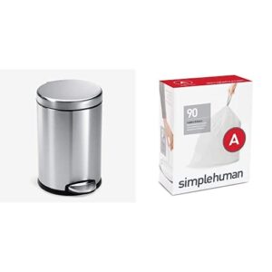 simplehuman 4.5 liter / 1.2 gallon compact stainless steel round bathroom step trash can, brushed stainless steel with 90 pack liners code a