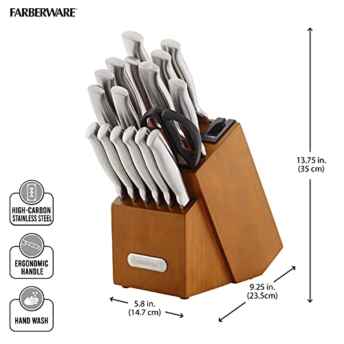 Farberware 18-Piece Forged Stainless Steel Kitchen Knife Set with Wood Block, High-Carbon Stainless Steel Knives, Razor Sharp Knife Set with Ergonomic Handles, Cherry Block