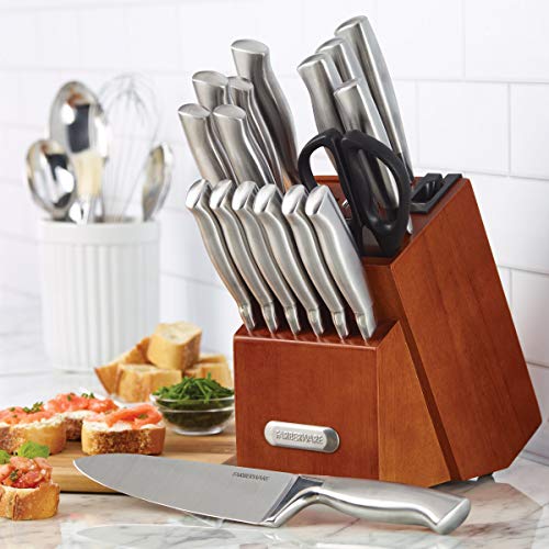 Farberware 18-Piece Forged Stainless Steel Kitchen Knife Set with Wood Block, High-Carbon Stainless Steel Knives, Razor Sharp Knife Set with Ergonomic Handles, Cherry Block