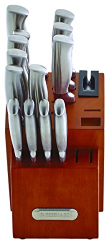 Farberware 18-Piece Forged Stainless Steel Kitchen Knife Set with Wood Block, High-Carbon Stainless Steel Knives, Razor Sharp Knife Set with Ergonomic Handles, Cherry Block