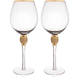 Trinkware Gold Rimmed Wine Glasses Set of 2 - Rhinestone Champagne Flutes "DIAMOND" Studded - Long Stem, 16oz, 10-inches Tall – Elegant Glassware And Stemware