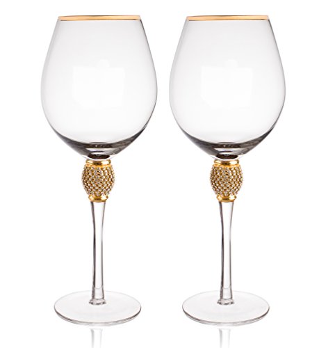 Trinkware Gold Rimmed Wine Glasses Set of 2 - Rhinestone Champagne Flutes "DIAMOND" Studded - Long Stem, 16oz, 10-inches Tall – Elegant Glassware And Stemware