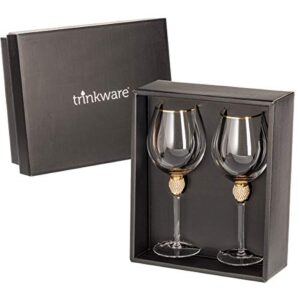 Trinkware Gold Rimmed Wine Glasses Set of 2 - Rhinestone Champagne Flutes "DIAMOND" Studded - Long Stem, 16oz, 10-inches Tall – Elegant Glassware And Stemware