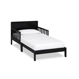 dream on me brookside toddler bed in black, greenguard gold certified, jpma certified, low to floor design, non-toxic finish, safety rails, made of pinewood