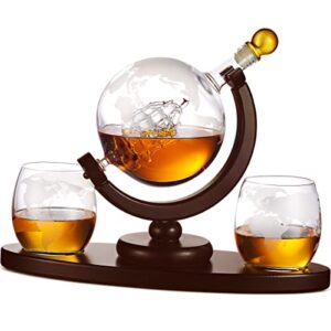 whiskey decanter globe set with 2 etched whiskey glasses - for liquor scotch bourbon vodka, gifts for men - 850ml