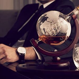 Whiskey Decanter Globe Set with 2 Etched Whiskey Glasses - for Liquor Scotch Bourbon Vodka, Gifts For Men - 850ml