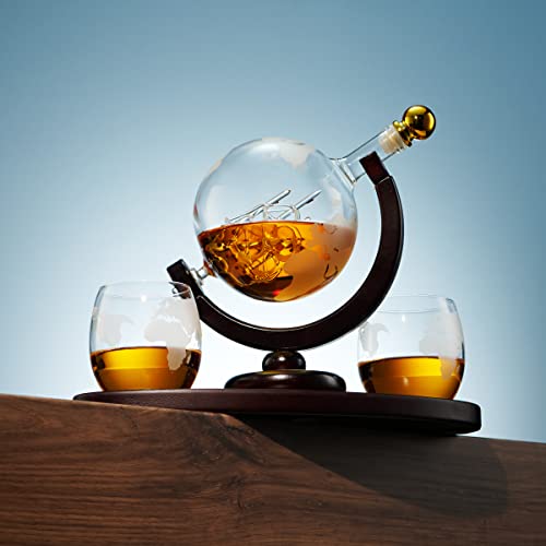 Whiskey Decanter Globe Set with 2 Etched Whiskey Glasses - for Liquor Scotch Bourbon Vodka, Gifts For Men - 850ml