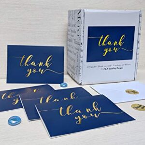 100 Thank You Cards in Navy Blue with Envelopes and Stickers - Bulk Notes Embossed with Gold Foil Letters for Weddings, Graduations, Engagements, Business, Formal, 4x6 Inch