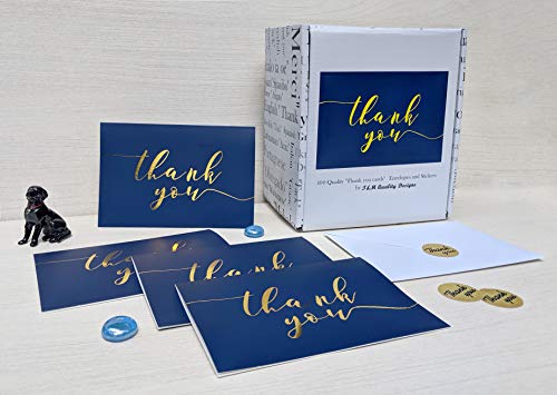 100 Thank You Cards in Navy Blue with Envelopes and Stickers - Bulk Notes Embossed with Gold Foil Letters for Weddings, Graduations, Engagements, Business, Formal, 4x6 Inch