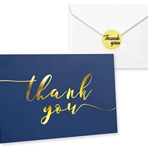 100 Thank You Cards in Navy Blue with Envelopes and Stickers - Bulk Notes Embossed with Gold Foil Letters for Weddings, Graduations, Engagements, Business, Formal, 4x6 Inch