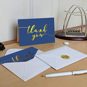 100 Thank You Cards in Navy Blue with Envelopes and Stickers - Bulk Notes Embossed with Gold Foil Letters for Weddings, Graduations, Engagements, Business, Formal, 4x6 Inch