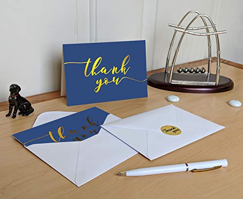 100 Thank You Cards in Navy Blue with Envelopes and Stickers - Bulk Notes Embossed with Gold Foil Letters for Weddings, Graduations, Engagements, Business, Formal, 4x6 Inch