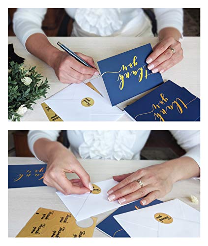 100 Thank You Cards in Navy Blue with Envelopes and Stickers - Bulk Notes Embossed with Gold Foil Letters for Weddings, Graduations, Engagements, Business, Formal, 4x6 Inch